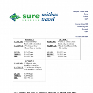 Sure Mithas Travel - December Umrah 786133 - Option 3 | December 2019 ...