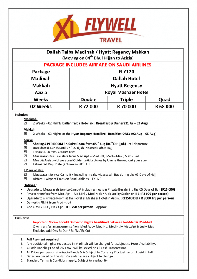 Flywell Travel - FLY120 | Hajj 2019 Extra Quota Packages - South Africa