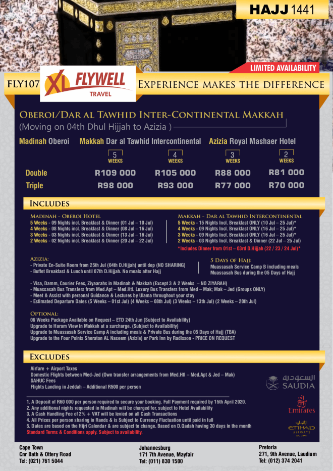 Flywell Travel - FLY107 4 Weeks | Hajj 2020 / 1441 Packages - South Africa