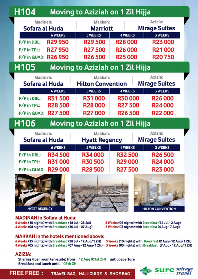 Sure Mirage Travel - H104 - 3 Week | Hajj 2018 Packages - South Africa