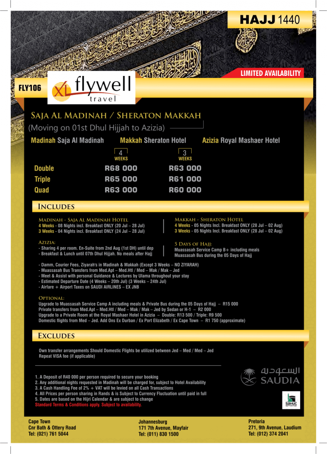 Flywell Travel - FLY106 - 3 Weeks | Hajj 2019 Packages - South Africa