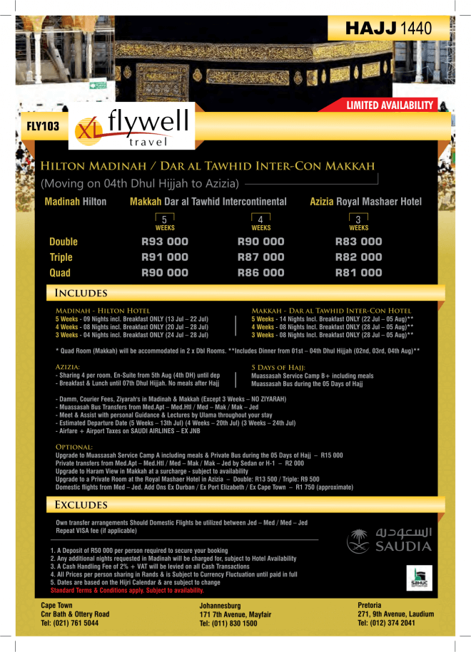 Flywell Travel - FLY103 - 5 Weeks | Hajj 2019 Packages - South Africa